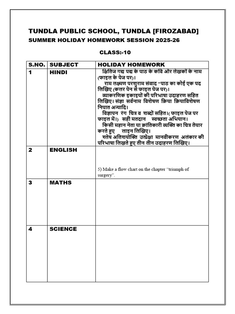 Summer Holiday Homework Class 10 | PDF