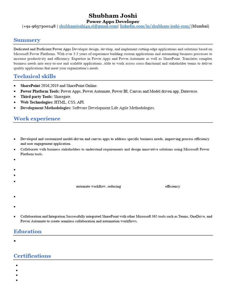 Shubham Joshi Power Apps Developer Resume | PDF | Software Development ...
