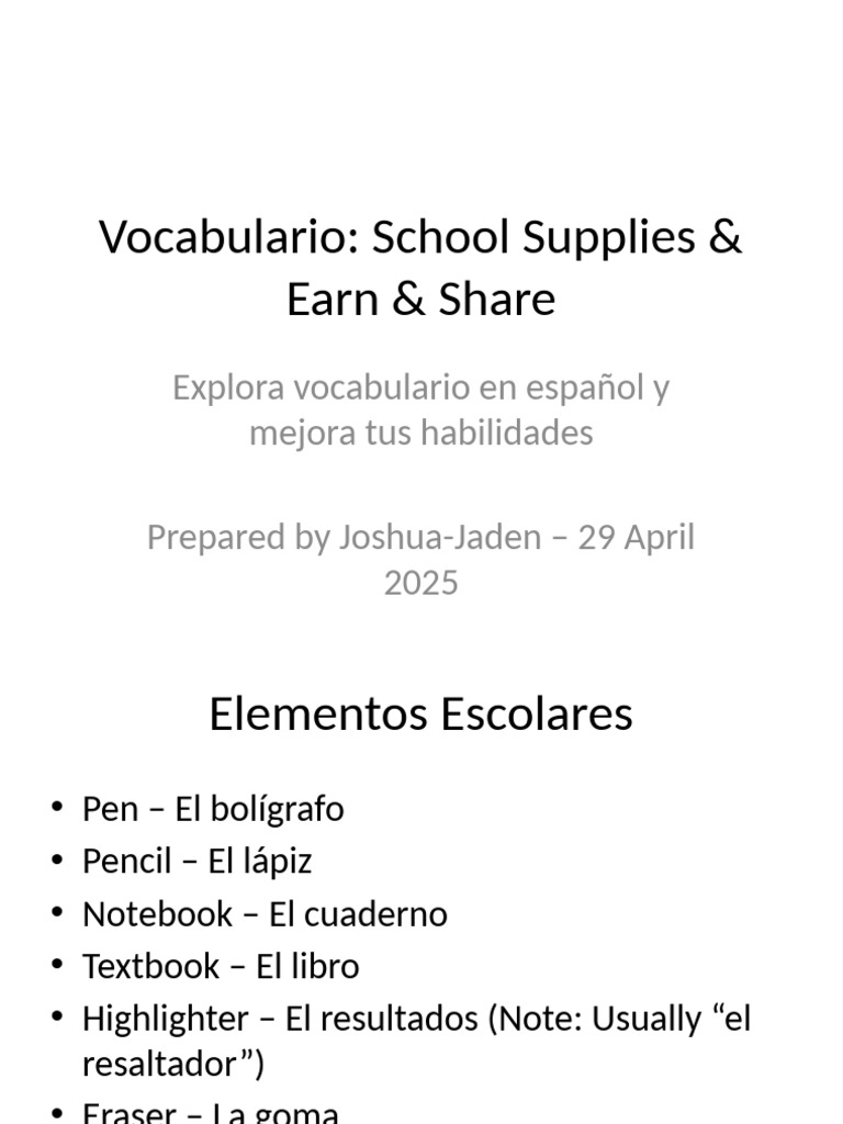 Vocabulario - School - Supplies - Earn - Share 1 | PDF