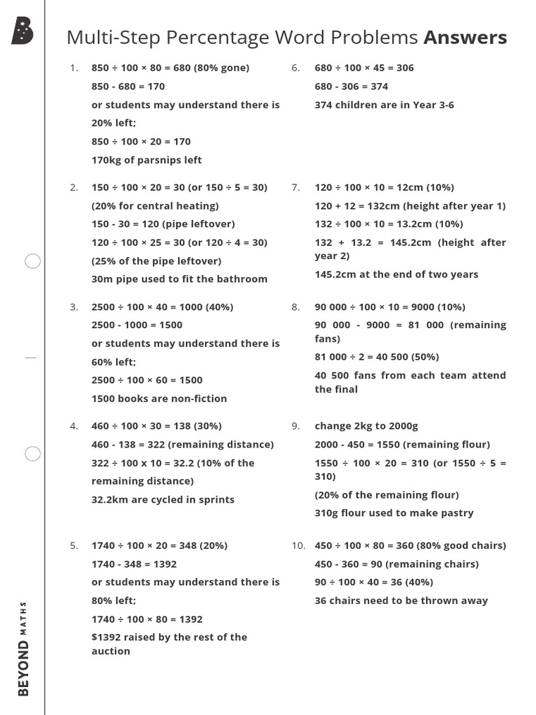 Multi-Step Percentage Word Problems MA1 | PDF