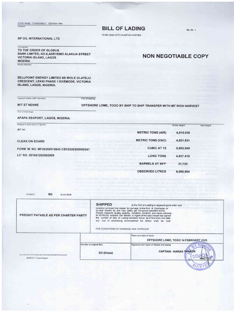 DV ST Nenne Cargo Doc. - Jet A1 | PDF | Bill Of Lading | Cargo