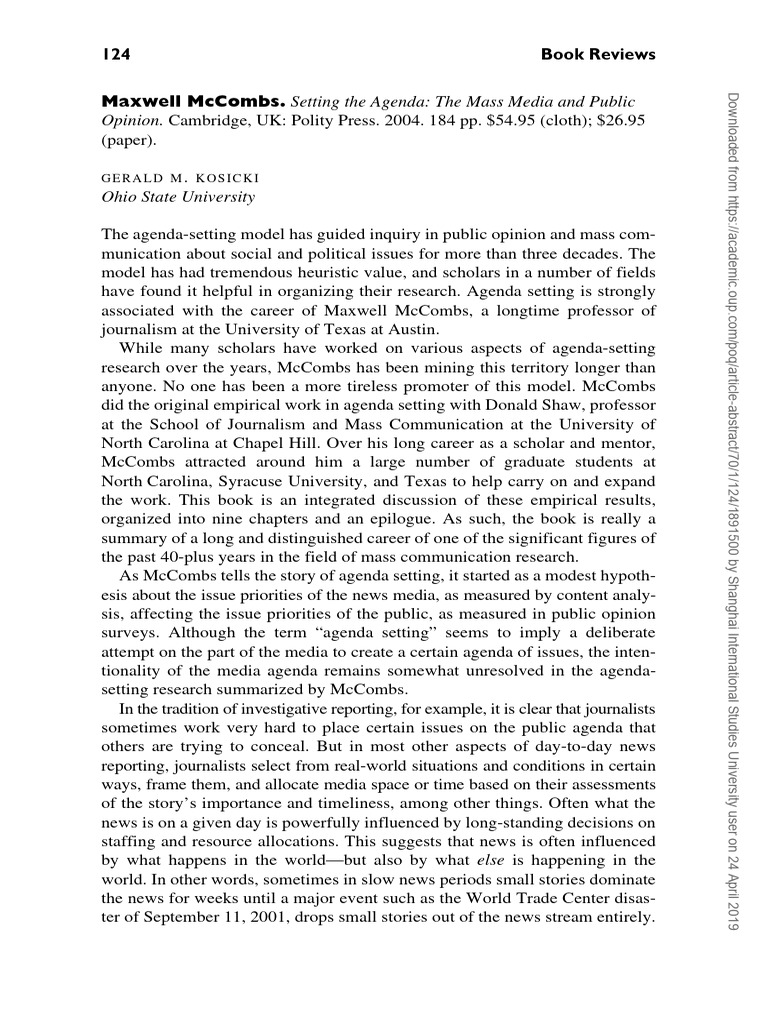 Maxwell McCombs Setting The Agenda TH | PDF