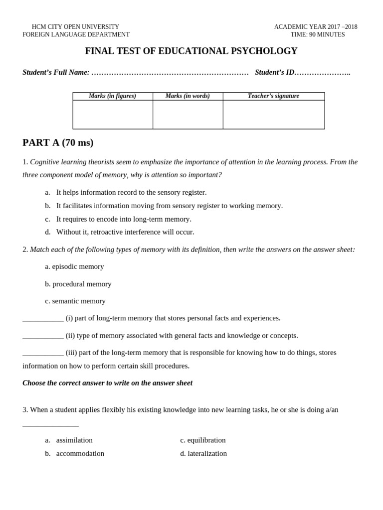 Psychology Test 1.2018.1docx | PDF | Memory | Learning