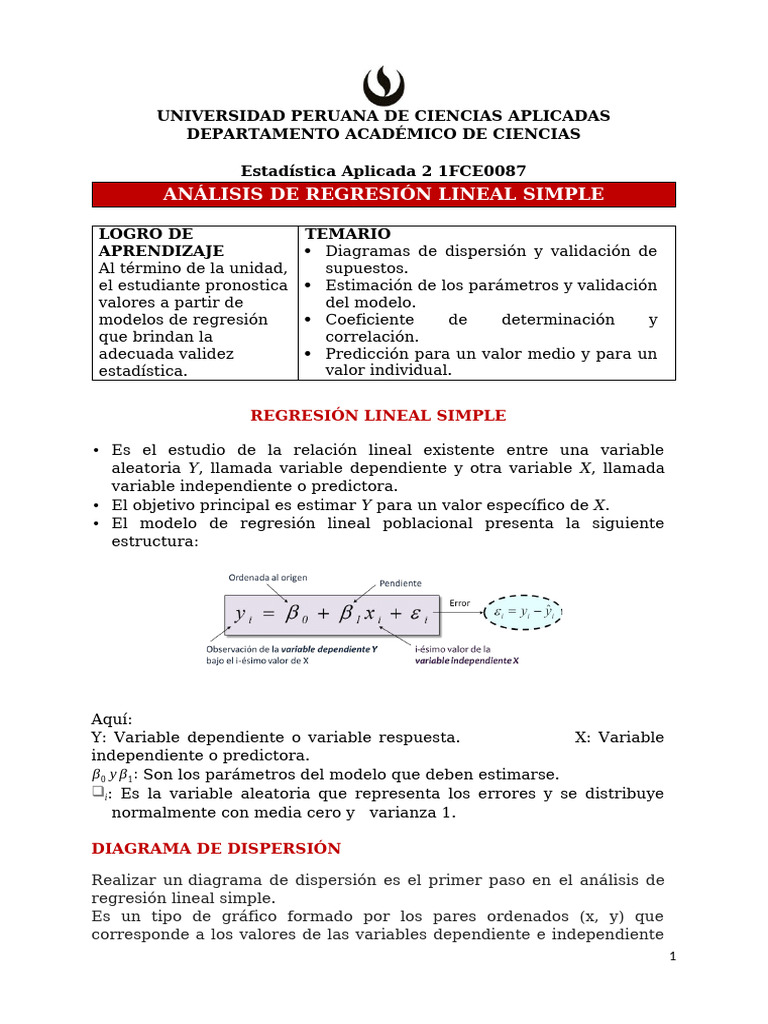 1FCE0087 Semana5 Sesion1 Regresión Lineal Simple | PDF | Regresión lineal | Análisis de regresión