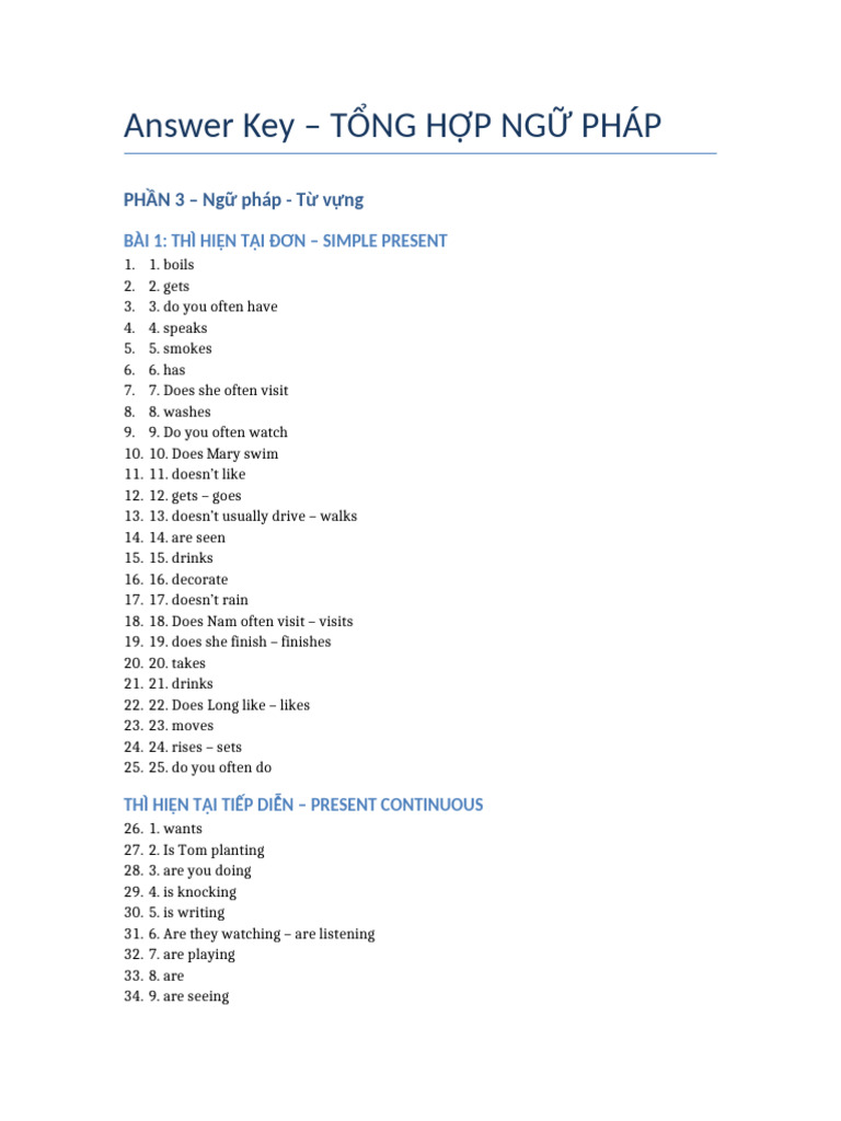 Answer Key TONG HOP NGU PHAP | PDF