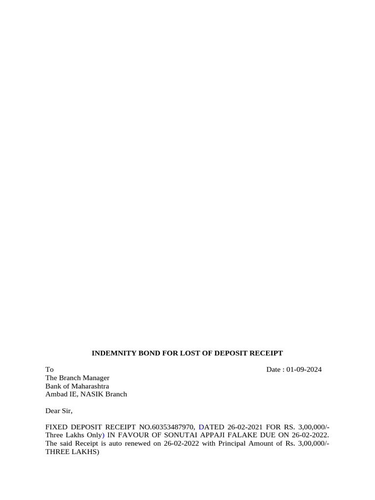 Indemnity Bond for Lost FD Receipt | PDF | Banks | Banking