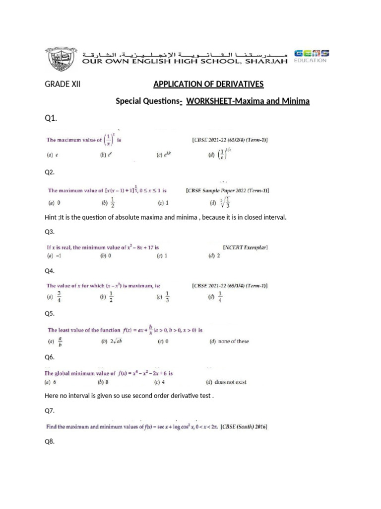 Special Questions Worksheet - Maxima and Minima | PDF