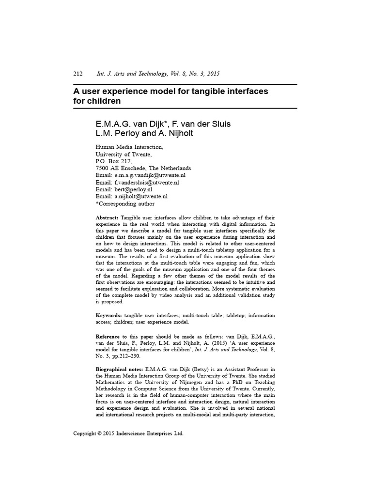 Dijk 2015 A User Experience Model For Tangibl | PDF | Perception ...