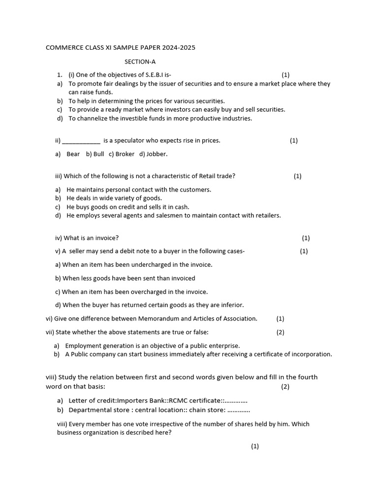 Class 11 Commerce Sample Paper 2024-25 | PDF | Securities (Finance ...