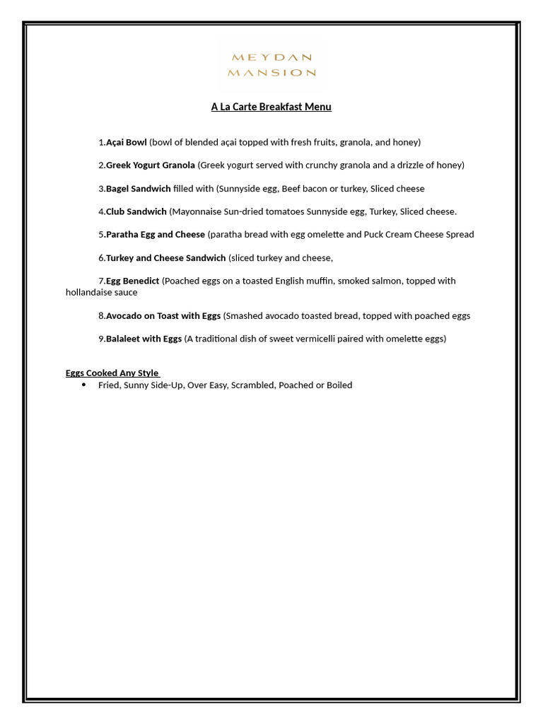 A La Carte Breakfast Menu | PDF