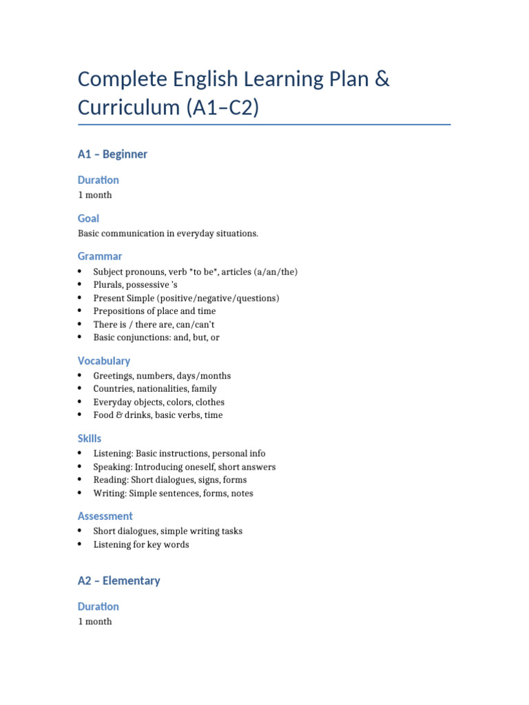 English Learning Curriculum A1 To C2 Condensed | PDF | Language ...