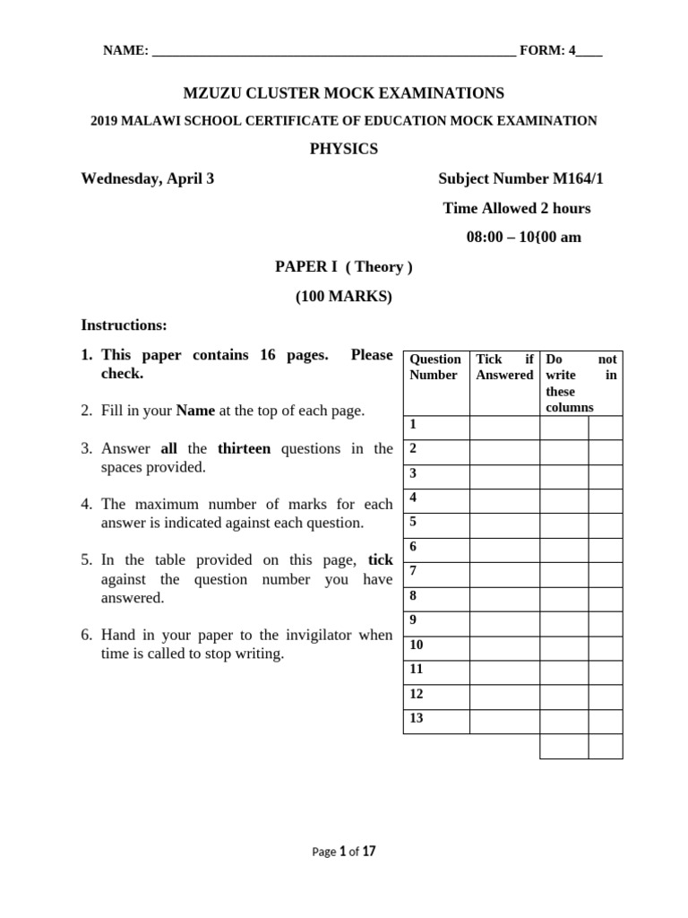 2019 Mzuzu Cluster Physics Mock Paper 1 | PDF | Density | Buoyancy