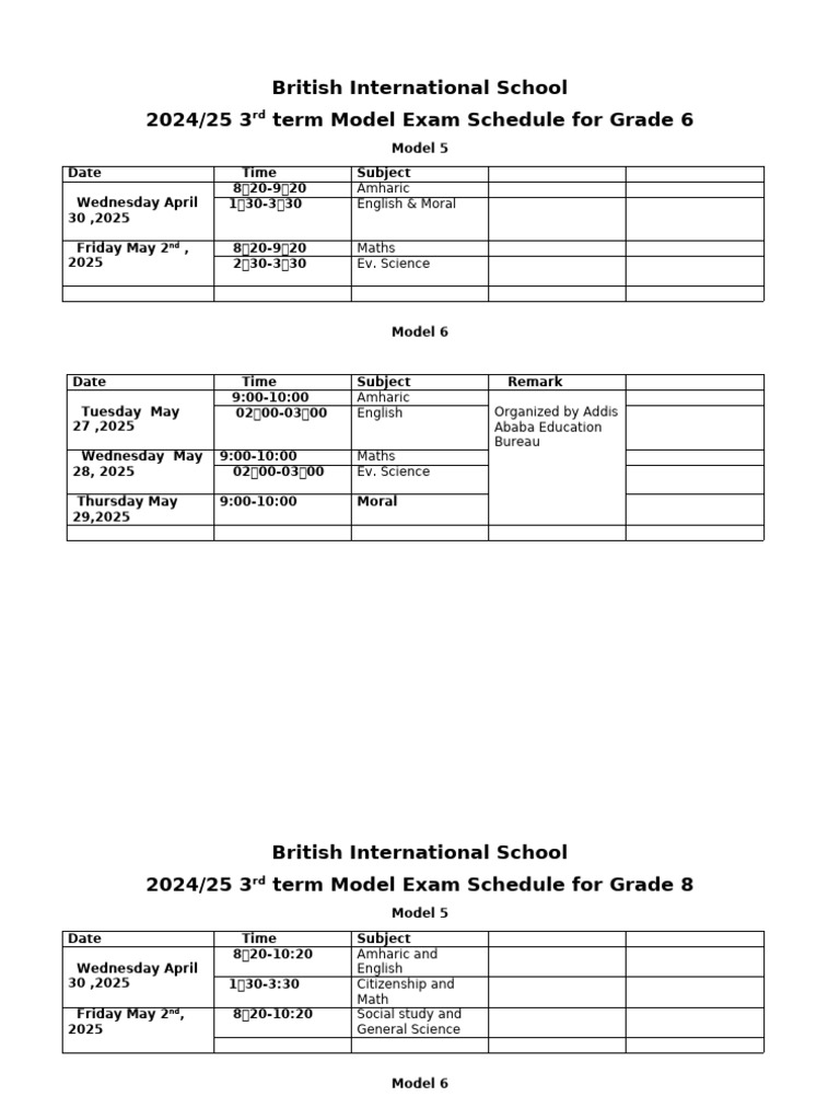 3rd Term Model Exam Schedule Grade 6 and 8 | PDF