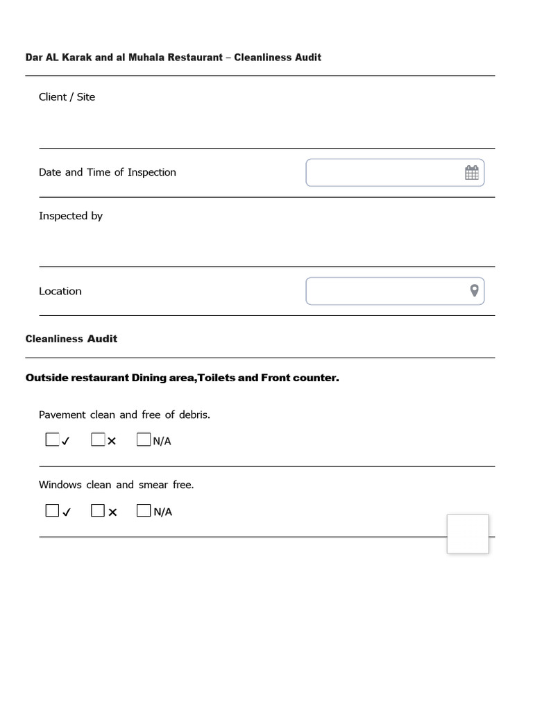Monthly Restaurant Cleanliness Audit | PDF | Barbecue Grill | Restaurants
