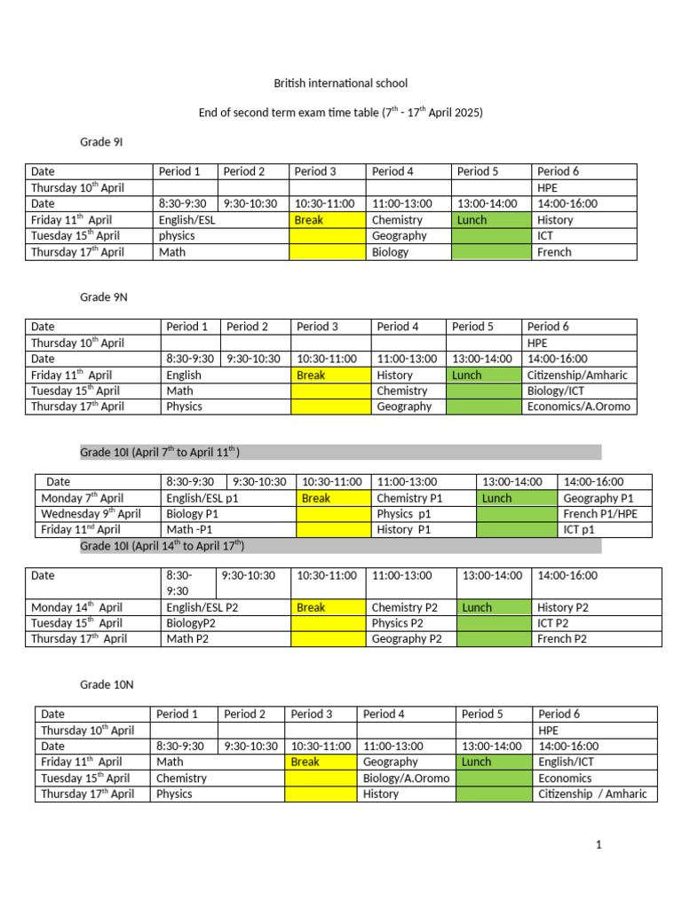 End of term 2 exam time table upper secondary | PDF | Science