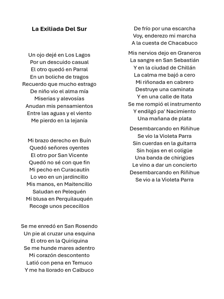 La Exiliada del Sur: Poema de Violeta Parra | PDF