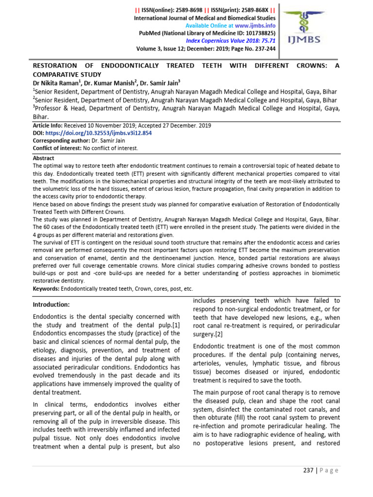 Restoration of Endodontically Treated Teeth With Different Crowns | PDF ...