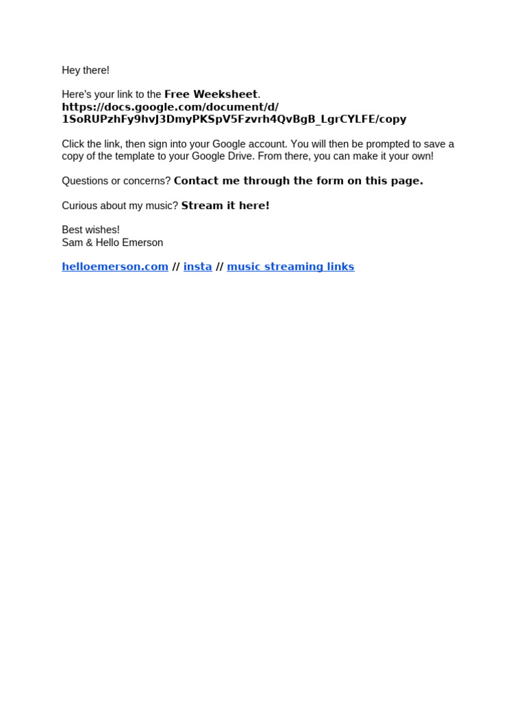 Free Weeksheet Link | PDF