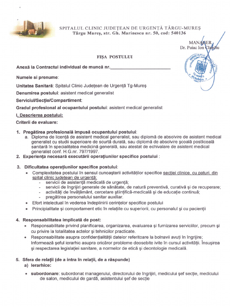 Fisa Post Asistent Medical | PDF