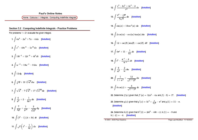 Calculus I - Computing Indefinite Integrals (Practice Problems) | PDF ...