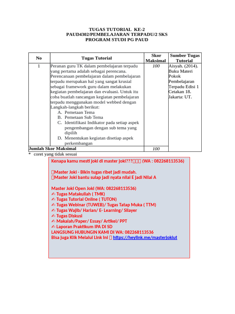 Paud4302 Tugas Tutorial Ke 2 Pembelajaran Terpadu - Tugas Tutorial 2-Paud4302-Pembelajaran ...