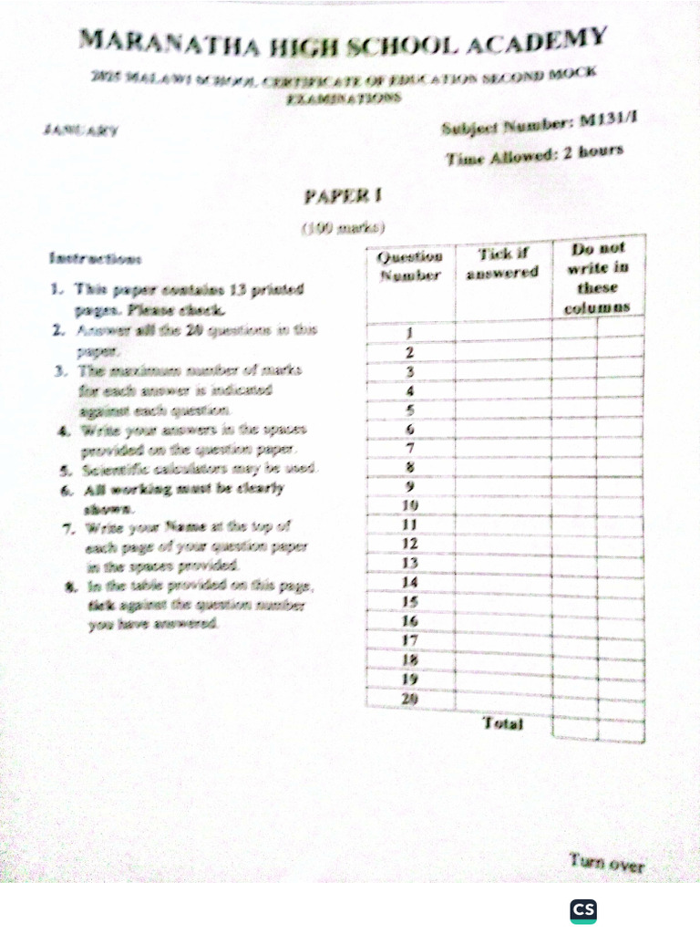 2025 Maranatha Academy Mathematics Paper I | PDF