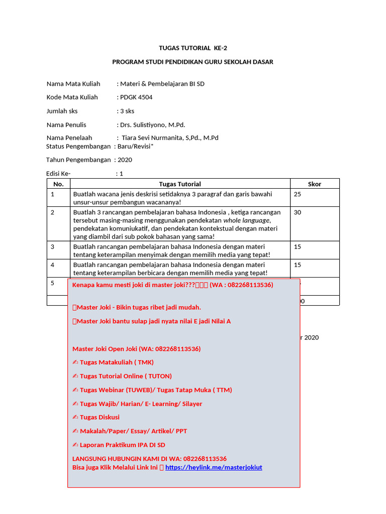 Tugas Tutorial Ke-2 - Pdgk4502-Materi & Pembelajaran BI SD | PDF
