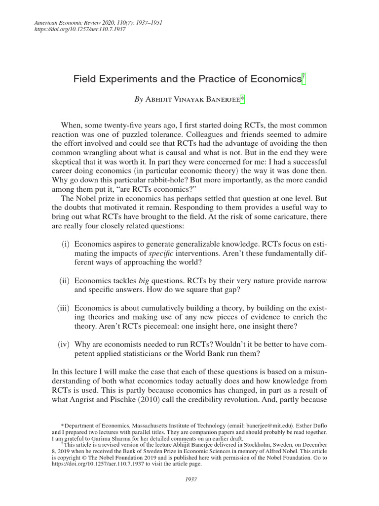 A. Banerjee 2020 Field Experiments The Practice of Economics | PDF | Randomized Controlled Trial ...