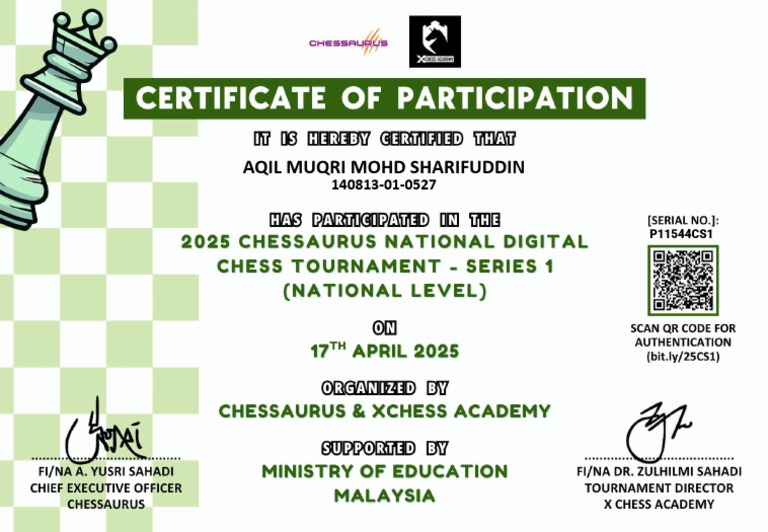 AQIL MUQRI MOHD SHARIFUDDIN - Certificate of Participation (2025CS1) | PDF