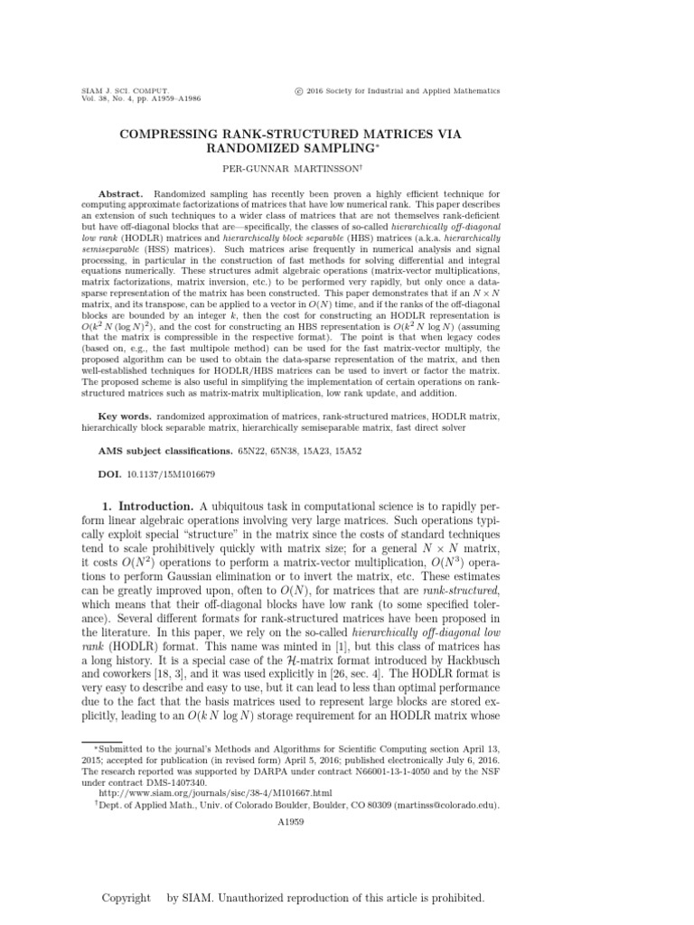 Compressing.RankStructured.Matrices_Martinsson_SIAM-2016 | PDF | Matrix (Mathematics) | Applied ...