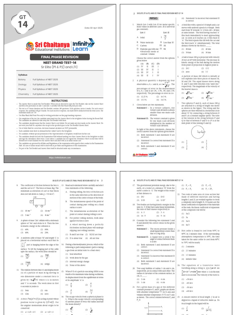 SR Elite (P1 & P2) and LTC Final Phase Revision NEET GT-14 - QP | PDF | Gases | Physics
