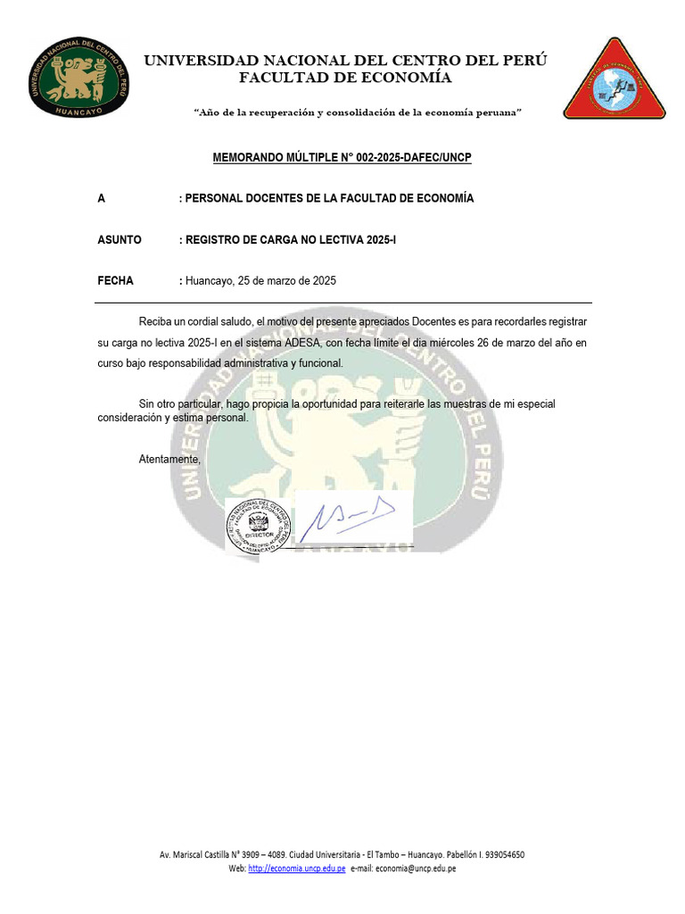 Memorando Múltiple N002-2025-Fdec-Unicp (Para Los Docentes) | PDF