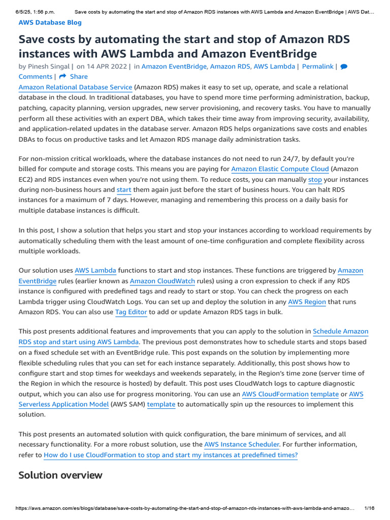 Save Costs by Automating The Start and Stop of Amazon RDS Instances With AWS Lambda and Amazon ...