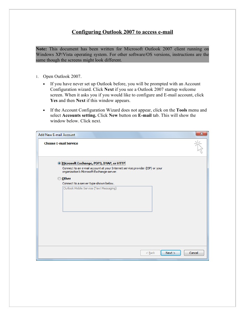 Configuring Outlook 2007 Email Access | PDF