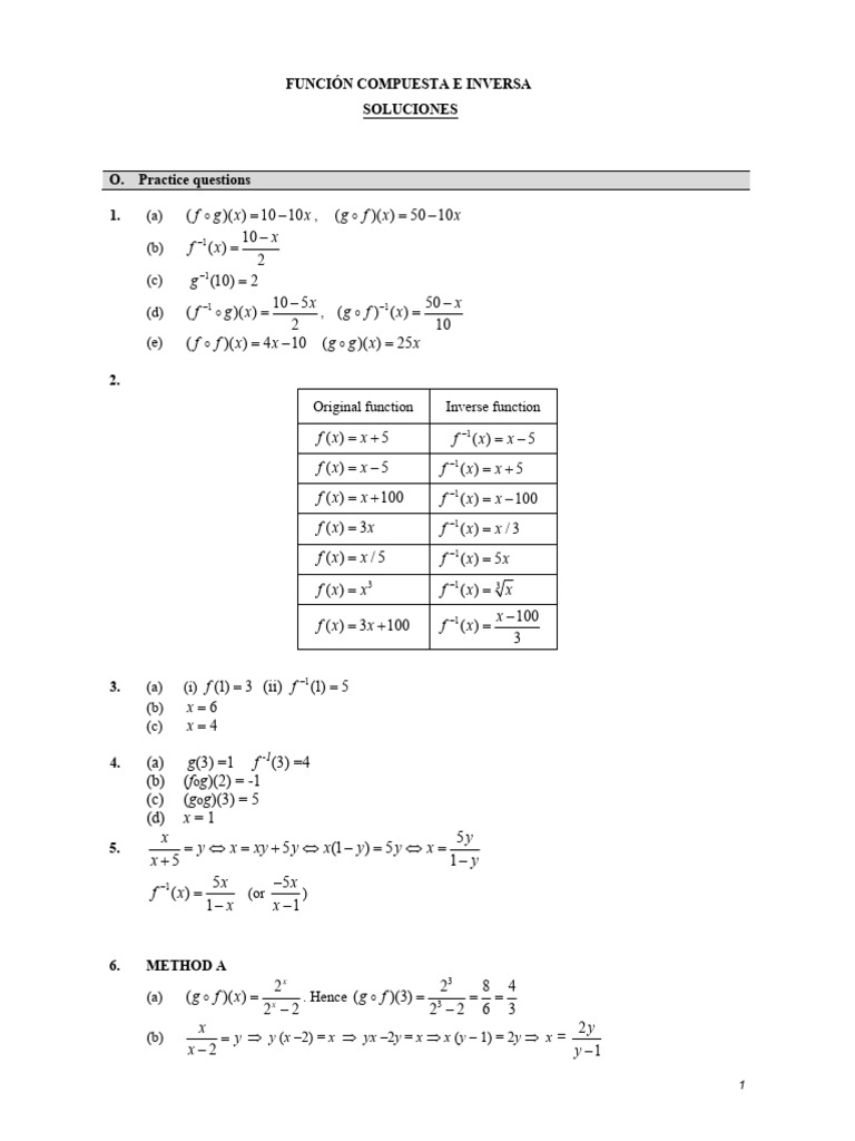 Guia 3 COMPOSITION - INVERSE FUNCTION - Solutions | PDF | Mathematical ...