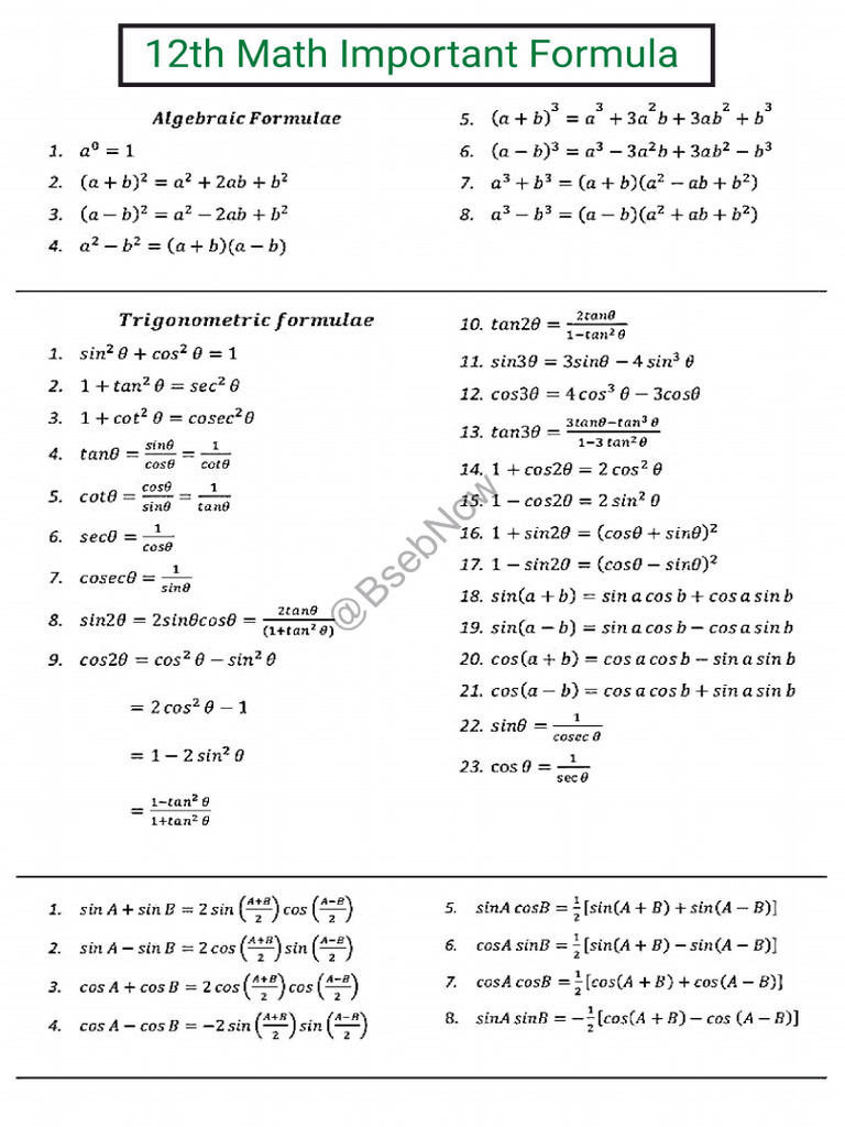 12th All Math Important Formula For 2025 | PDF