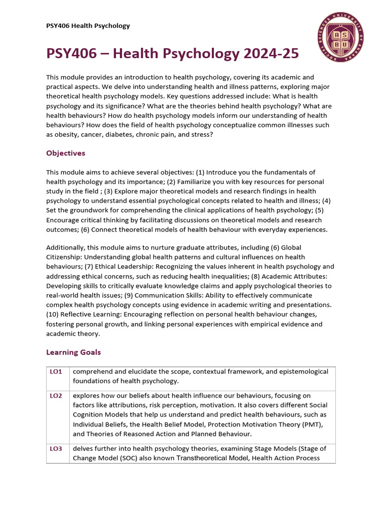2025 - Syllabus - Psy406 Health Psychology | PDF | Psychology | Health Psychology