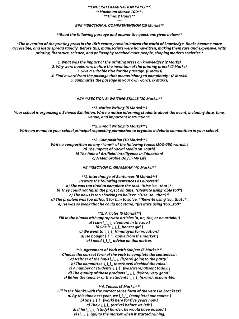 ENGLISH EXAMINATION PAPER Maximum Marks 100 Time 2 Hours - ### SECTION ...