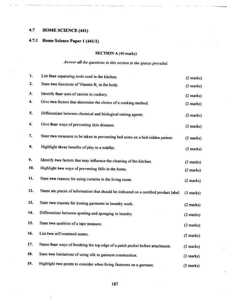 2019-Atikaschool - Home Science Paper 1 441-1 Kcse 2019 Questions | PDF