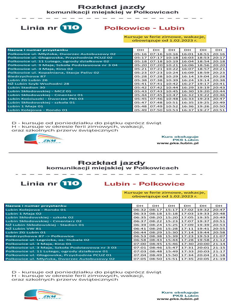 Linia 110 Feriewakacje | PDF