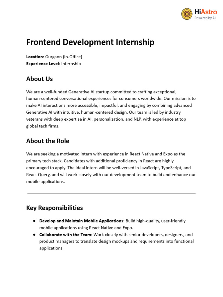 HiAstro - Frontend Developer (Internship) JD | PDF | Artificial Intelligence | Intelligence (AI ...