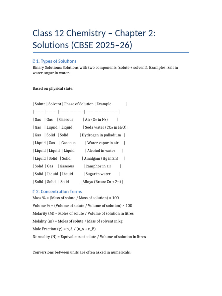 Class 12 Chemistry Ch2 Solutions Notes Cbse 2025 26 Pdf Gases