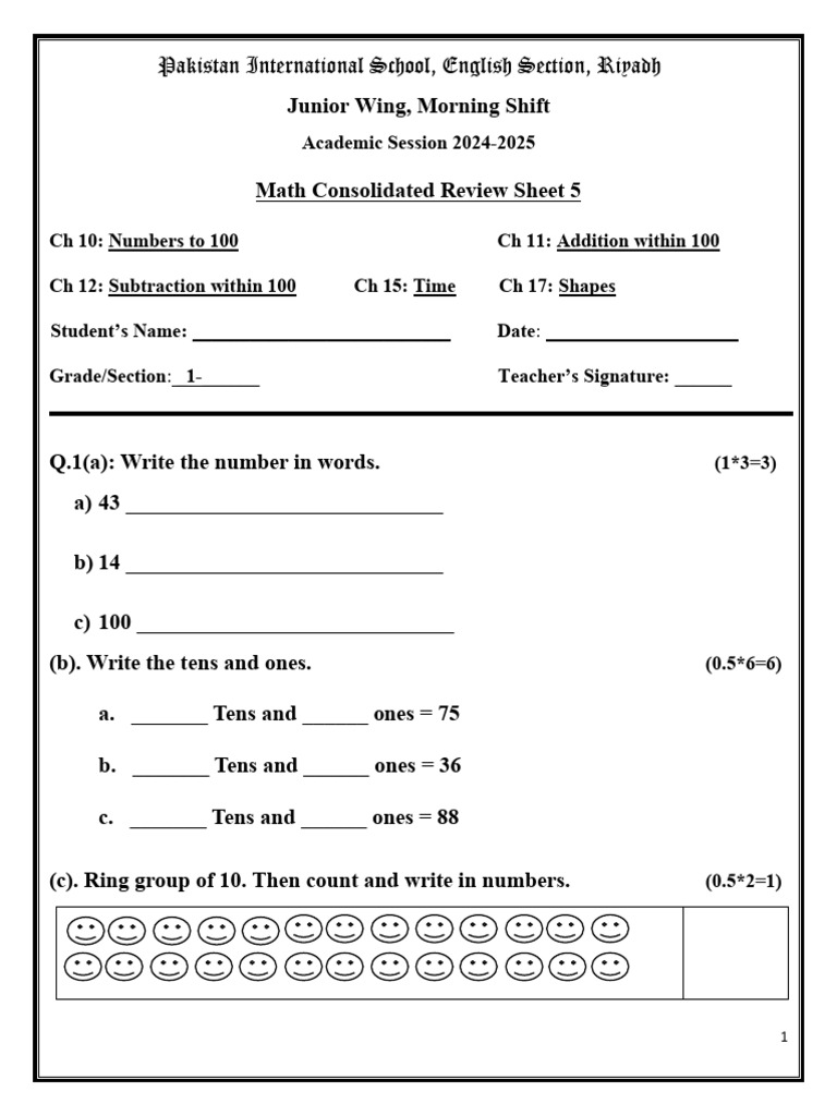 Math Review Sheet for Grade 1 Students | PDF | Euclid | Geometry