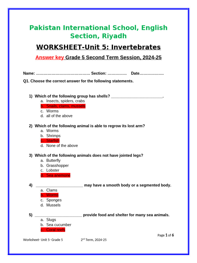 Grade 5-Unit 5 (Invertabrates) - Worksheet Answer Key | PDF ...