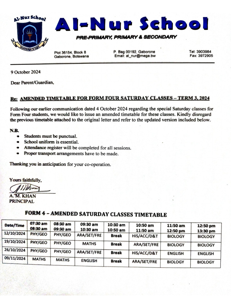Amended Form 4 Saturday Classes Timetable Term 3 2024 | PDF