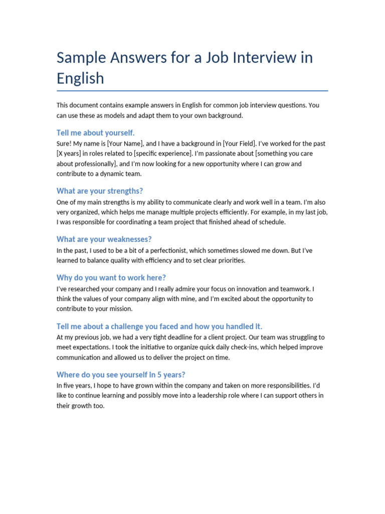 Sample Interview Answers English | PDF