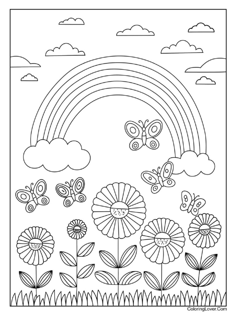 Rainbow Butterflies and Flowers Coloring Sheet for Kids | PDF