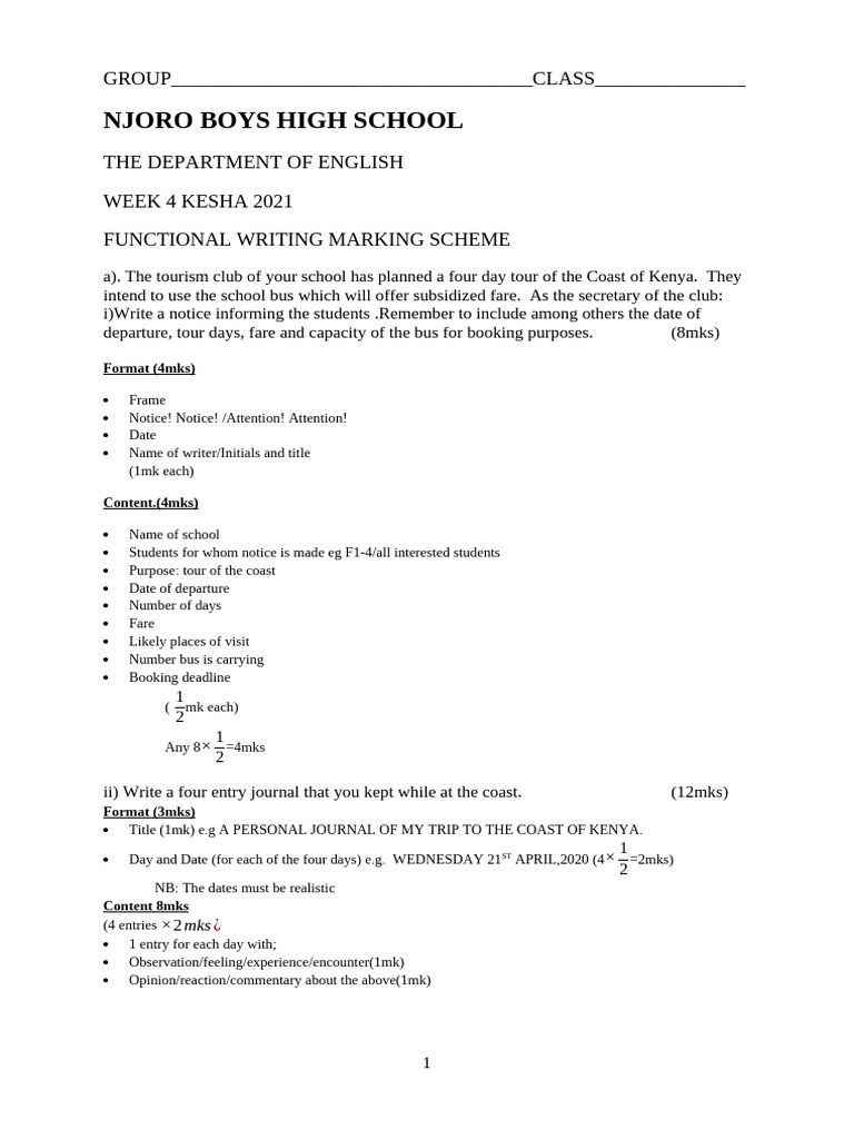 Kesha Functional Writing Marking Scheme | PDF