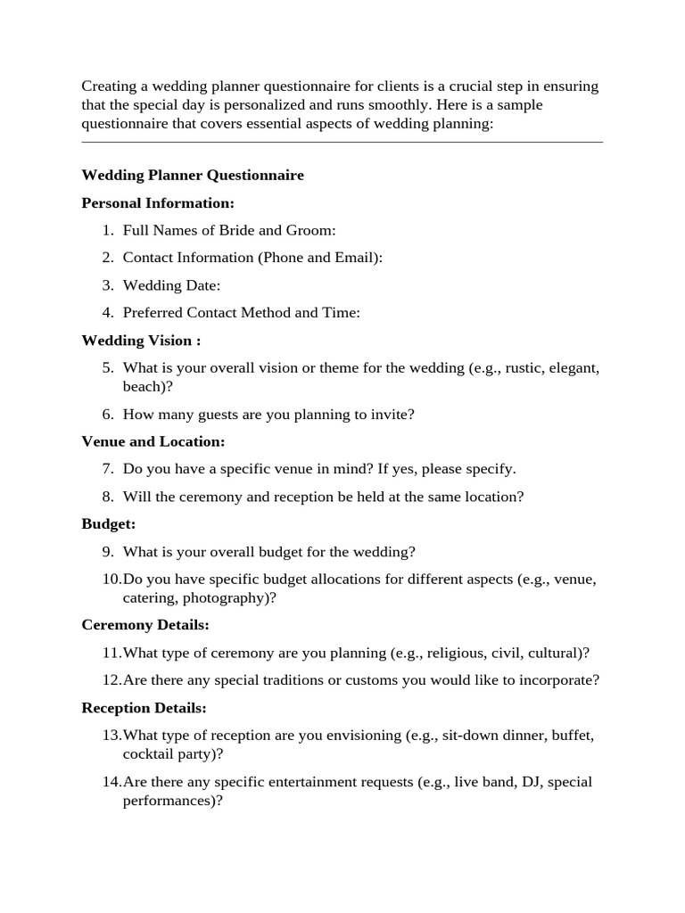 Wedding Planner Questionnaire For Client | PDF