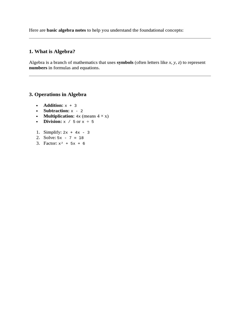 Basic Algebra Concepts and Solutions | PDF